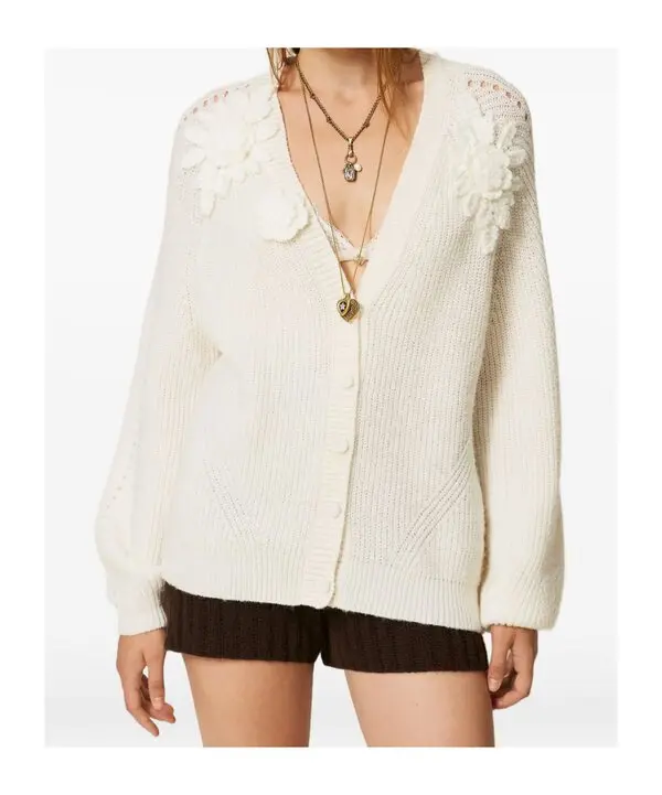 TWINSET Crochet Floral Appliqué Knit V-neck Cardigan