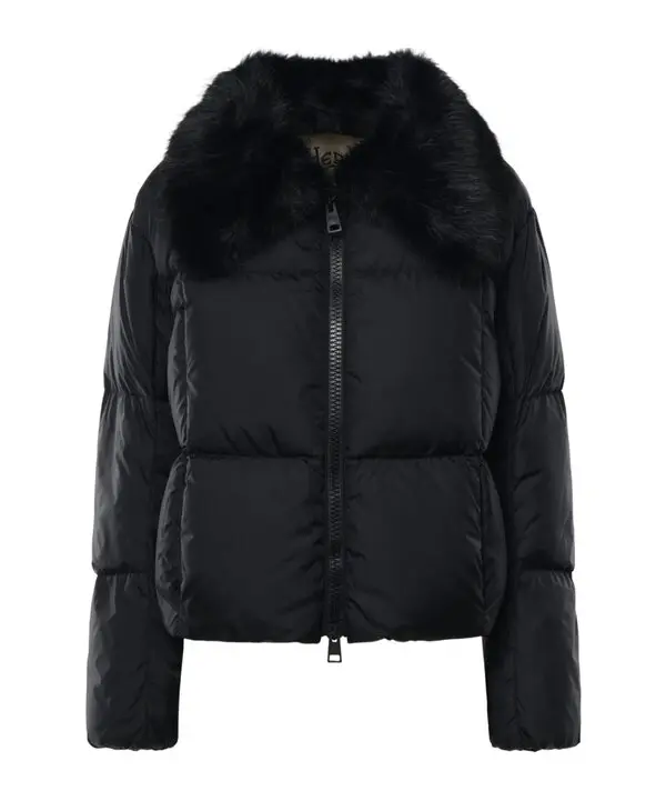 Herno Cropped Faux Fur Collar Zip-up Puffer Jacket - Black