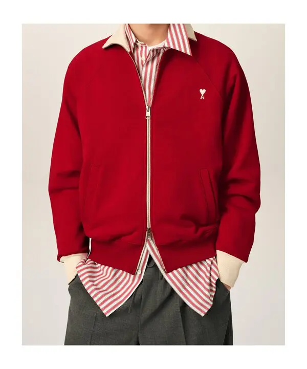 AMI Paris Red Zipped Cotton Sweatshirt With De Coeur