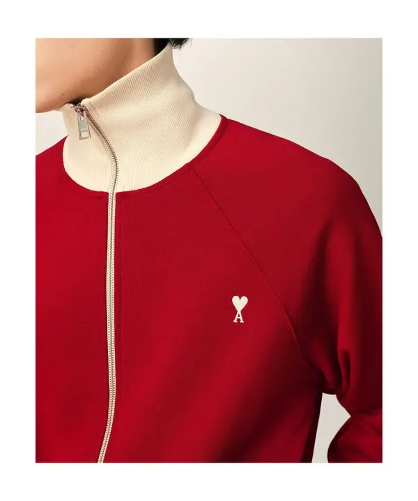AMI Paris Red Zipped Cotton Sweatshirt With De Coeur