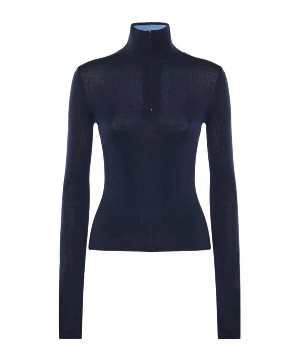 THE FRANKIE SHOP Ribbed Knit Half-zip Turtleneck Sweater - Navy