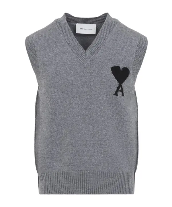 AMI Paris Sleeveless Knit Vest With Heart Motif - Gray