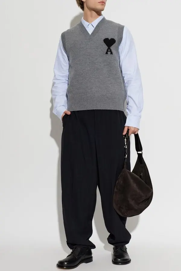 AMI Paris Sleeveless Knit Vest With Heart Motif - Grey