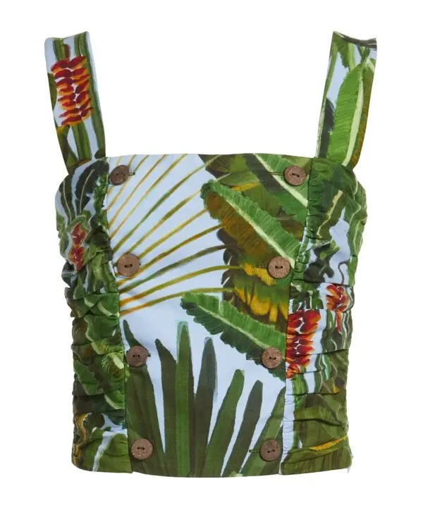 Farm Rio Floral Sleeveless Cropped Top - Green