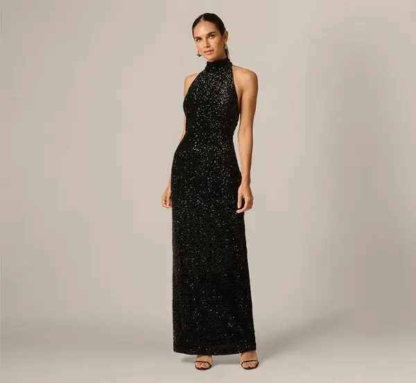 Adrianna Papell Sequin Velvet Open Back Halter Gown - Black