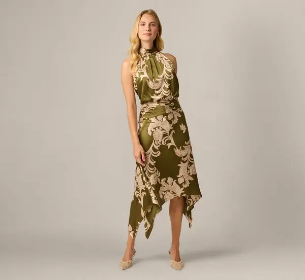 Adrianna Papell Baroque Scroll Print Satin Handkerchief Hem Midi Dress In Olive Ecru - Olive/ecru