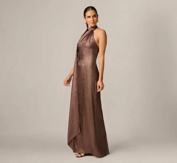 Adrianna Papell Foiled Chiffon Asymmetrical Halter Scarf Gown - Espresso