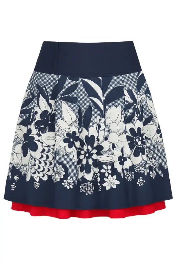 CONQUISTA Floral Navy Skirt With Red Underskirt & Denim Waist – Cotton Poplin - Blue