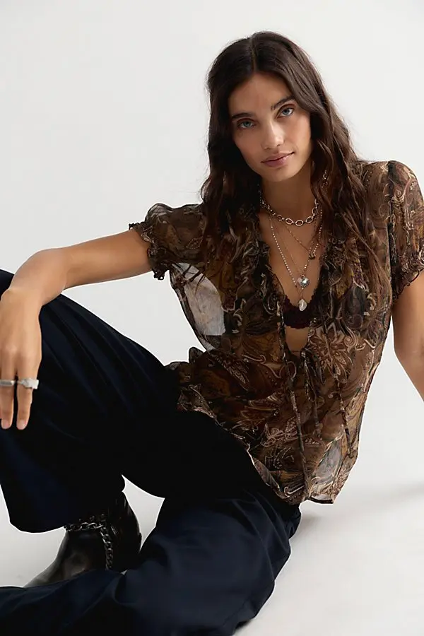SPELL Damask Short Sleeve Blouse - Walnut