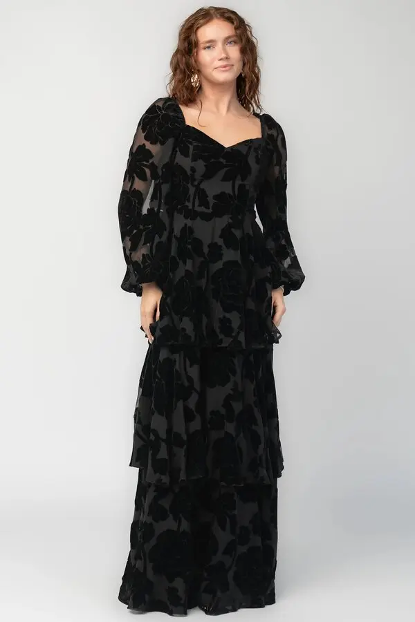 COCOLOVE Alexandra Velvet Floral Maxi Dress - Black