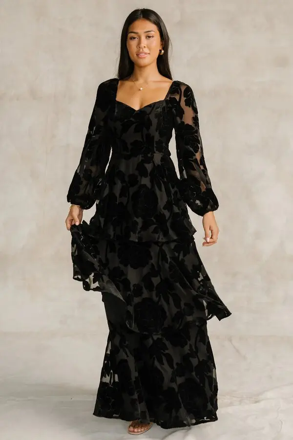 COCOLOVE Alexandra Velvet Floral Maxi Dress - Black