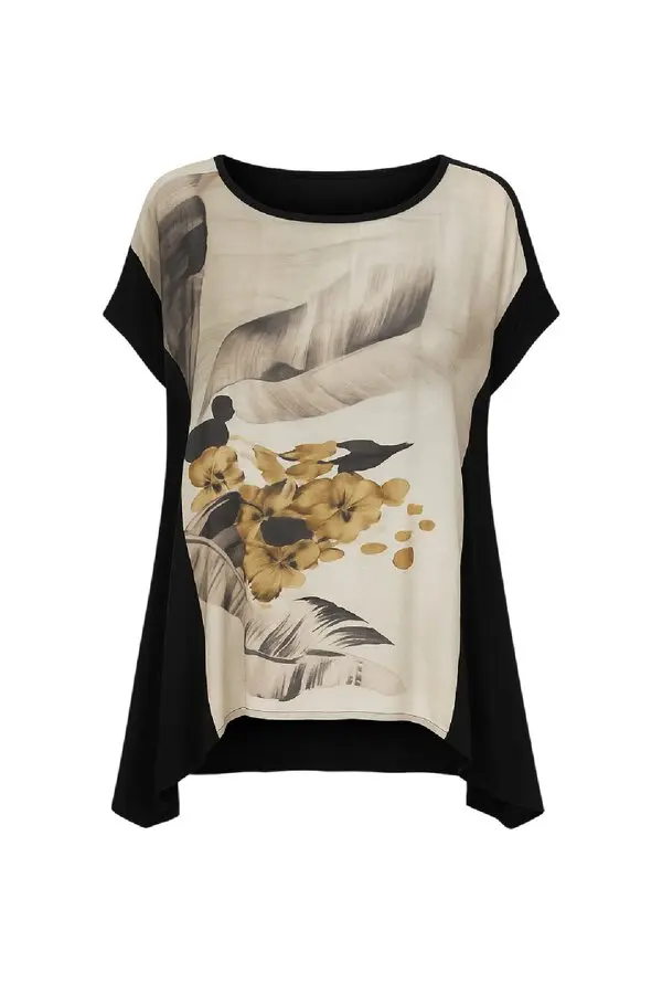 CONQUISTA Floral Brushstroke Silk-feel Top - Black