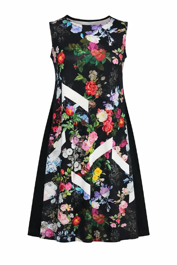 CONQUISTA Sleeveless A-line Dress With Floral And Geometric Print