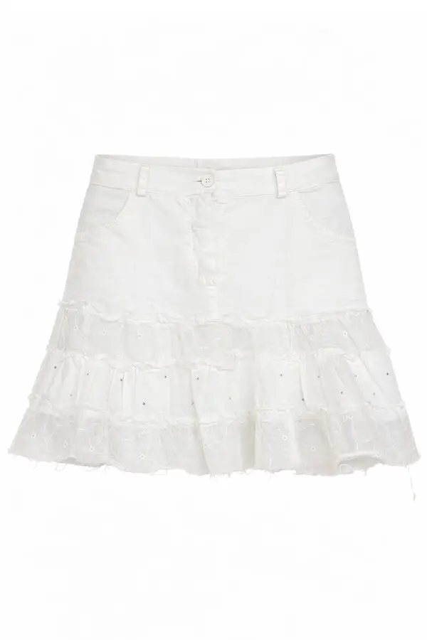 CONQUISTA Embroidered Tiered Mini Skirt - White