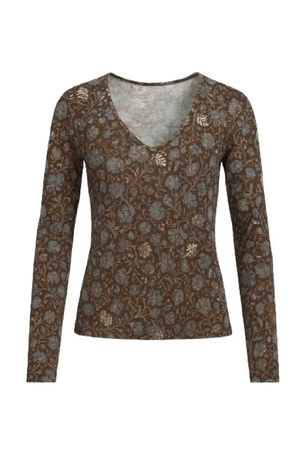 CONQUISTA Floral Print Long-sleeve V-neck Top In Earthy Tones - Blue/brown