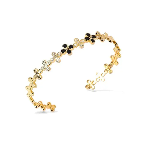 FREQNC ATELIER Gold Four-leaf Clover Cuff Bangle – Onyx - Black