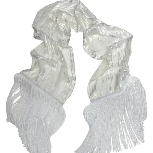MARYELL Silk Dévoré Waves Satin Scarf With Long Fringe - White