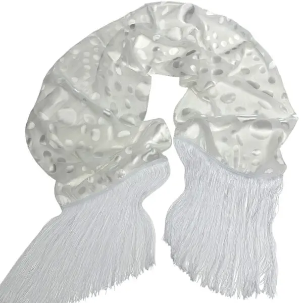 MARYELL Silk Dévoré Dots Satin Scarf With Long Fringe - White