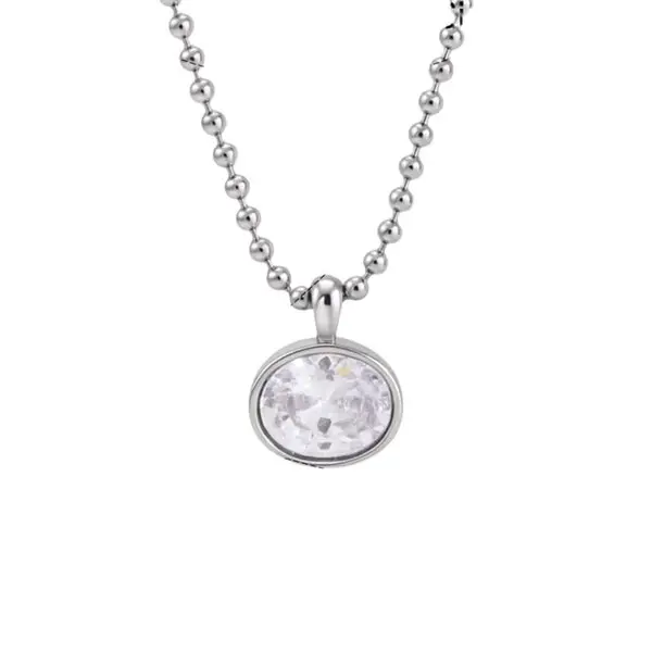 NAZZAR Oval Cubic Zirconia Pendant Ball Chain Necklace - Silver