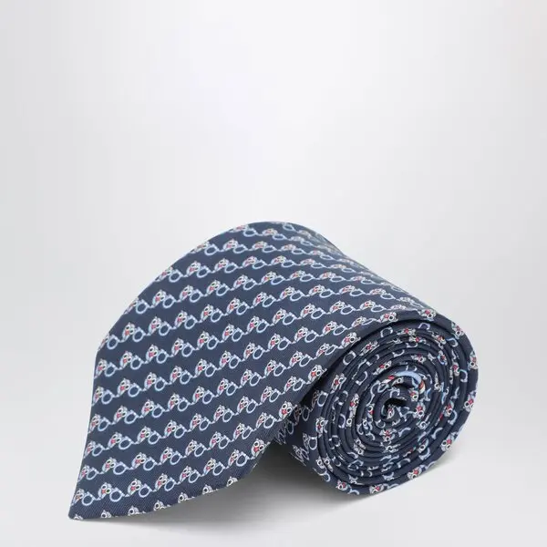 FERRAGAMO Navy Silk Tie With Gancini And Owl Print - Blue