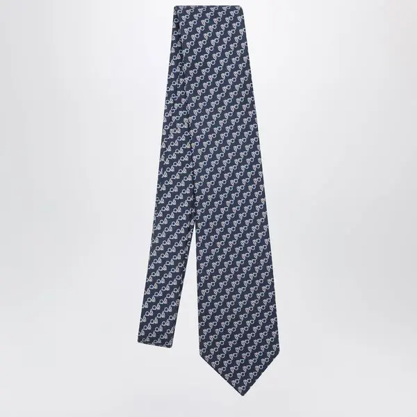 FERRAGAMO Navy Silk Tie With Gancini And Owl Print