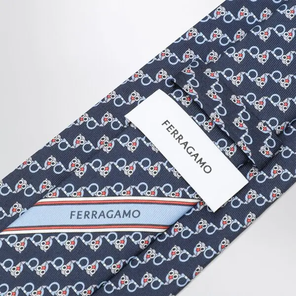 FERRAGAMO Navy Silk Tie With Gancini And Owl Print