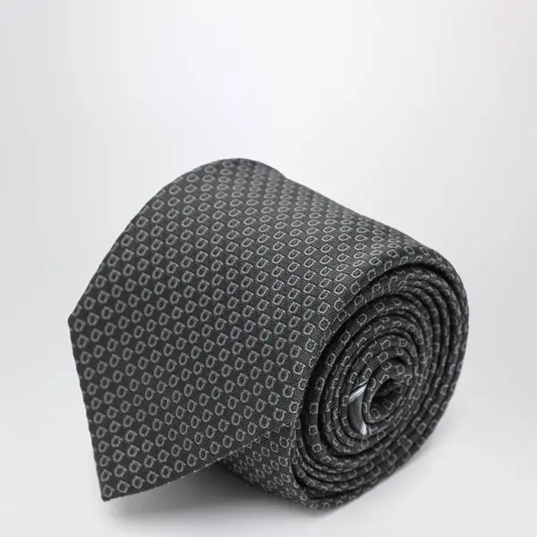 FERRAGAMO Silk Tie With Gancini Print - Grey