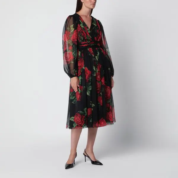 Dolce & Gabbana Dress With Rose Print In Silk Chiffon - Black