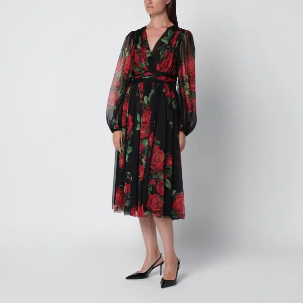 Dolce & Gabbana Silk Chiffon Rose Print Midi Dress