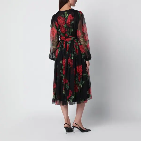 Dolce & Gabbana Silk Chiffon Rose Print Midi Dress