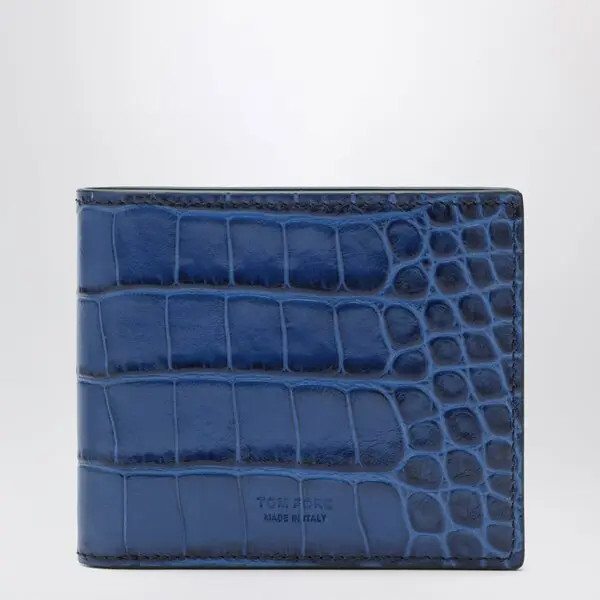 TOM FORD Bifold Wallet In Glossy Crocodile-effect Leather - Blue