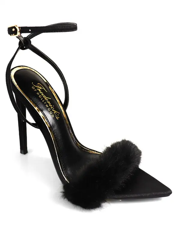 Frederick's Of Hollywood Aileen Pointed Toe Stiletto Sandal With Feather Detail - Black