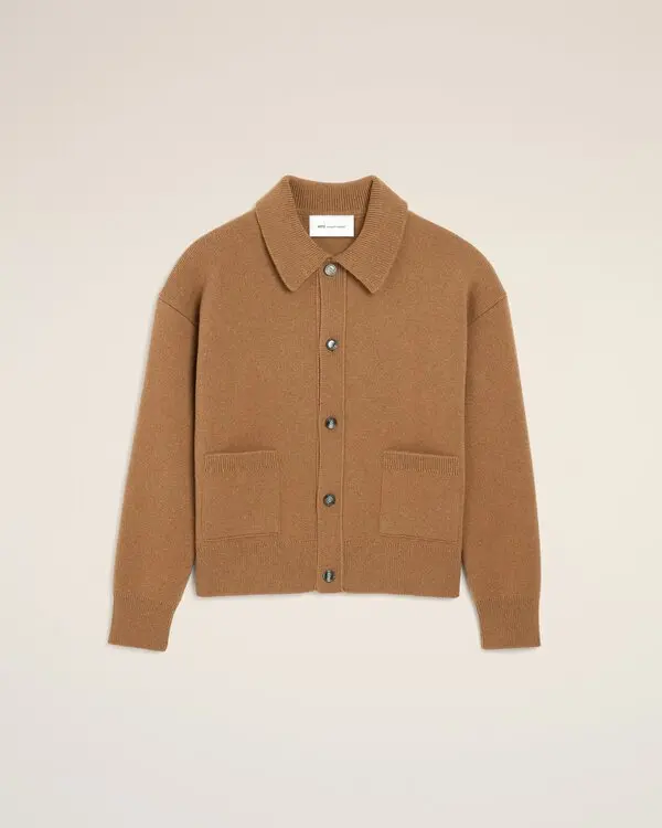 AMI Paris Brown Wool Shirt Collar Cardigan Brown