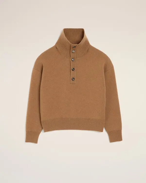 AMI Paris Brown High Buttoned Collar Wool Sweater Brown - Camel