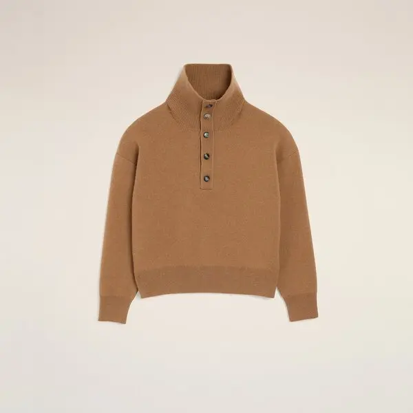 AMI Paris Brown High Buttoned Collar Wool Sweater Brown