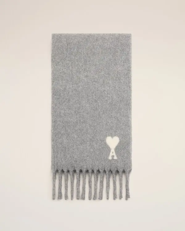 AMI Paris Grey Alpaca Scarf With De Coeur Grey