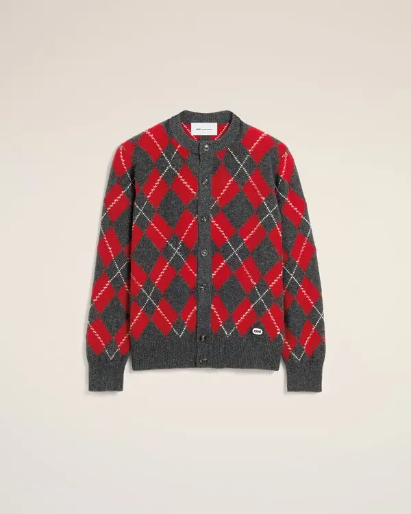 AMI Paris Grey Wool Cardigan With Red Argyle - Carbon Gray/ruby Red