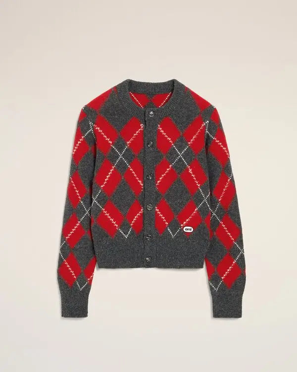 AMI Paris Grey Wool Cardigan In Red Argyle Grey - Carbon Gray/ruby Red