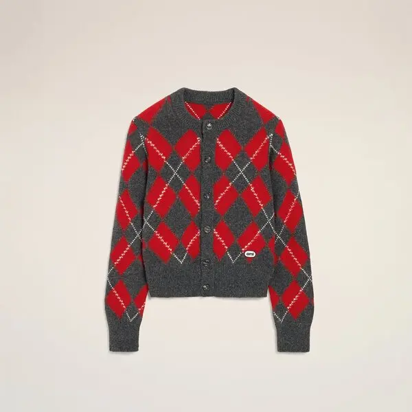 AMI Paris Grey Wool Cardigan In Red Argyle Grey