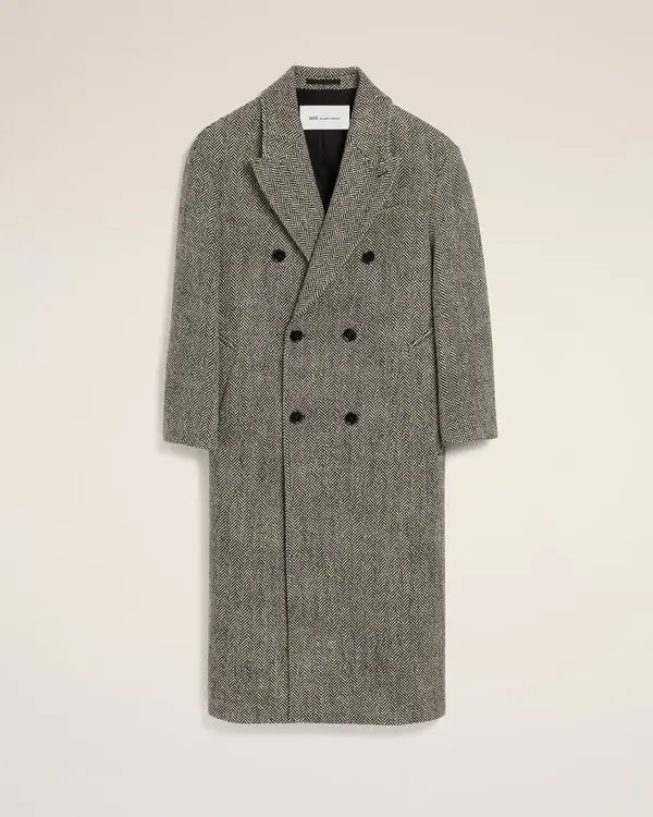 AMI Paris Long Double Breasted Herringbone Wool Coat - Black/ivory