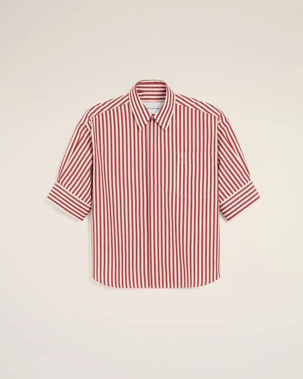 AMI Paris Red Large Striped Cotton Short-sleeve Shirt With Embossed De Coeur Red - Ruby Red/white