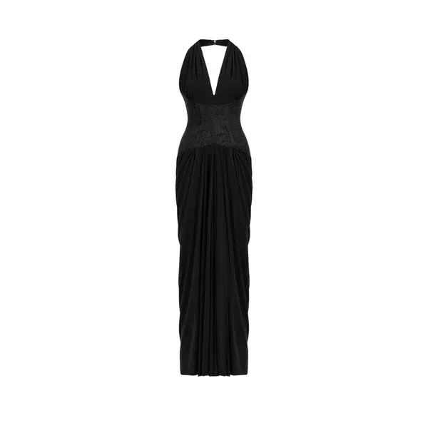 NOCTURNE Jacquard Halter Neck Maxi Dress With Front Slit - Black