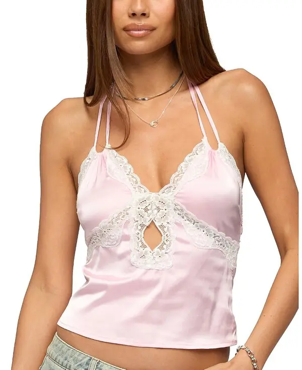 EDIKTED Cove Lacey Cutout Satin Effect Top - Pink