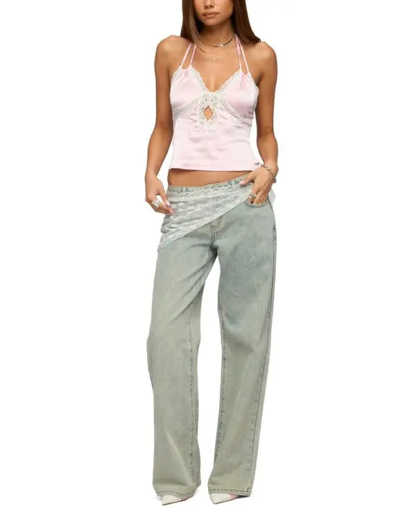 EDIKTED Cove Lacey Cutout Satin Effect Top