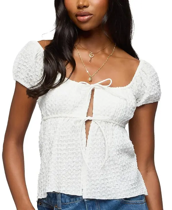 EDIKTED Dorothey Textured Tie Front Top - White