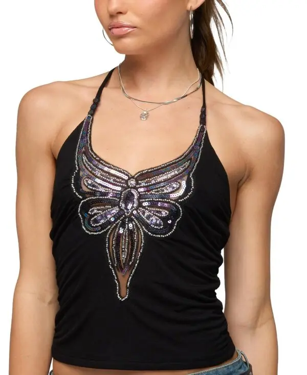 EDIKTED Butterfly Bead & Sequin Halter Top