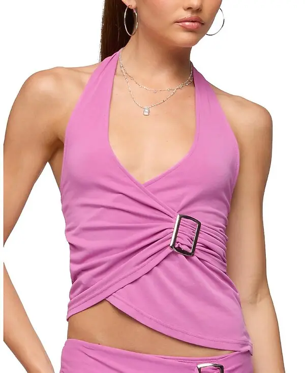 EDIKTED Fiori Buckle Asymmetric Wrap Top - Pink