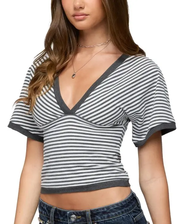 EDIKTED Primrosa Striped V Neck Flutter Top
