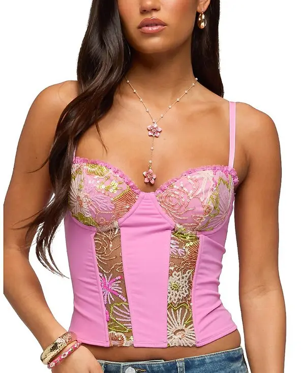 EDIKTED Inka Floral Sequin Bead Cupped Corset - Pink
