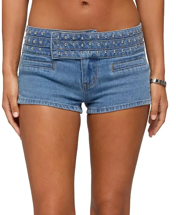 EDIKTED Odetta Studded Low Rise Denim Shorts - Light-blue